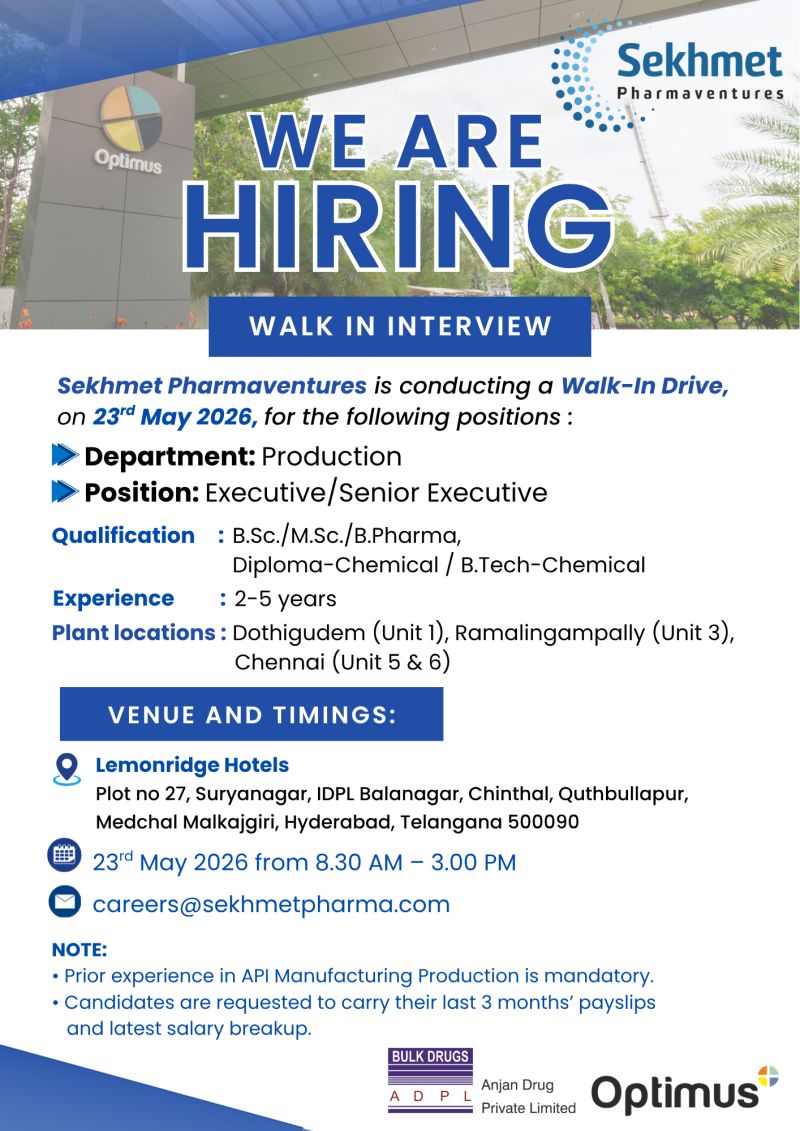 Walk-In Drive 23rd May for Multiple Positions At Sekhmet Pharmaventures ...